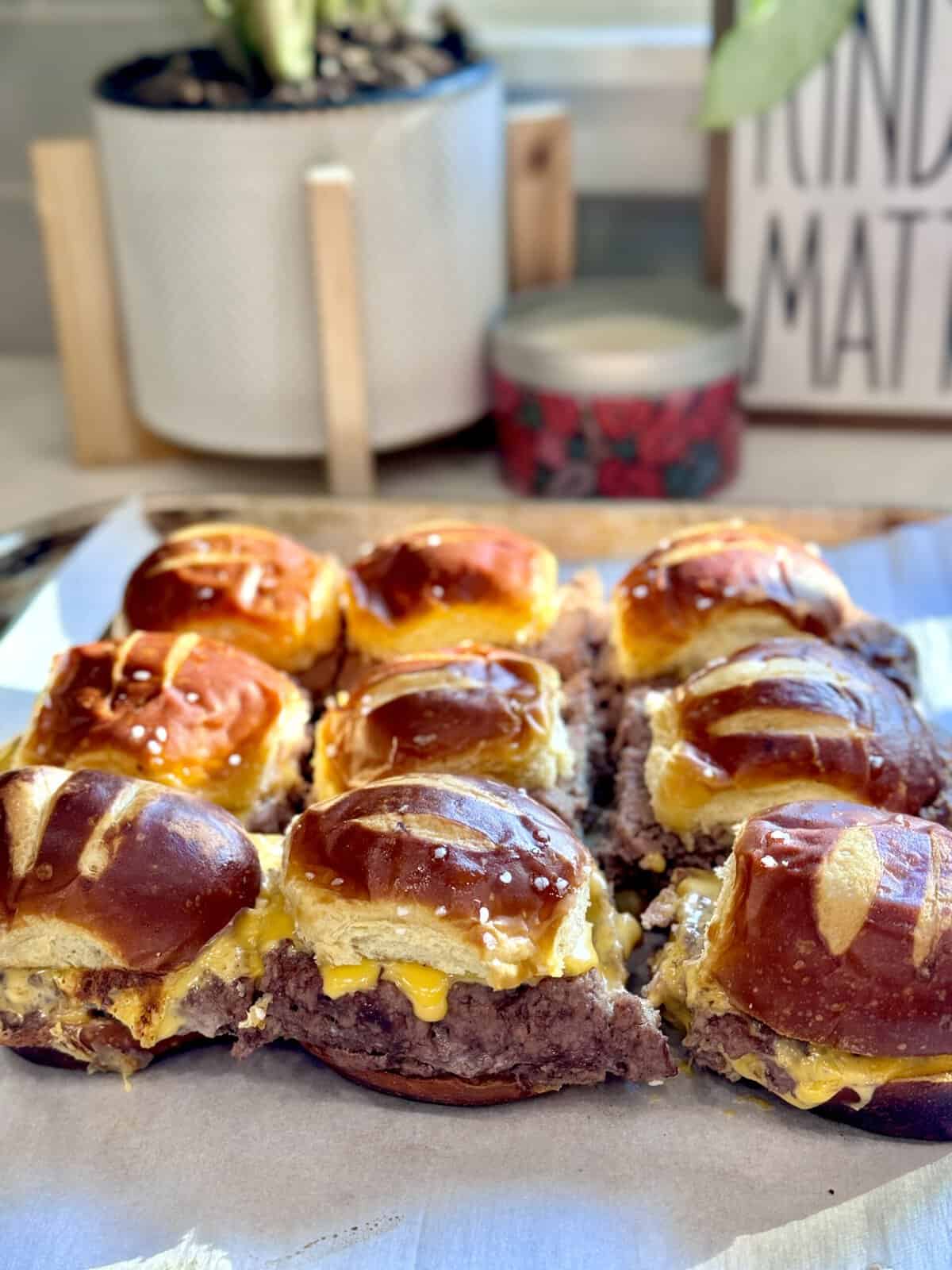Easy Pretzel Bun Sheet Pan Cheeseburger Sliders - Mom's Dinner Bell Recipe